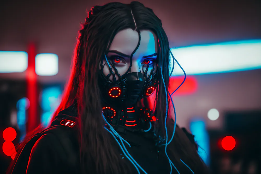 Manually crop Cyberpunk girl, Mask, Neon, Glow, Cyberpunk, AI Art ...